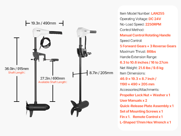 VEVOR 86lb 24V Thrust Electric Trolling Motor Saltwater Trolling Boat ...