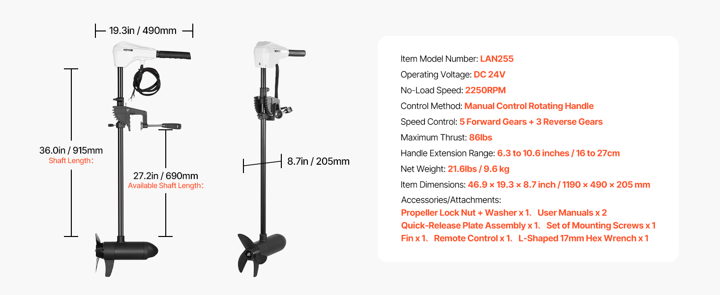 86lb 24V Thrust Electric Trolling Motor Saltwater Trolling Boat Engine ...