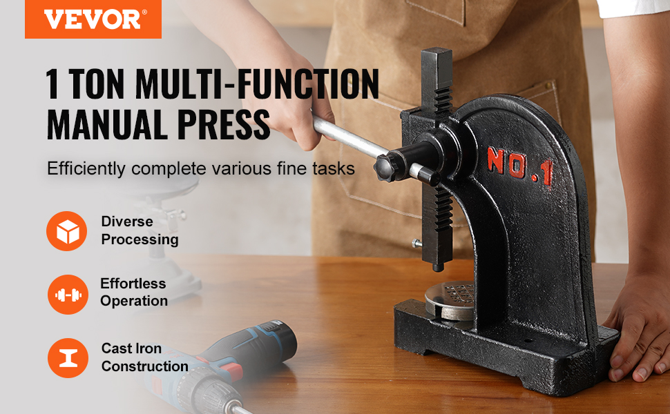 VEVOR Arbor Press, 1 Ton Manual Arbor Press, 5.9" Maximum Height, Cast ...