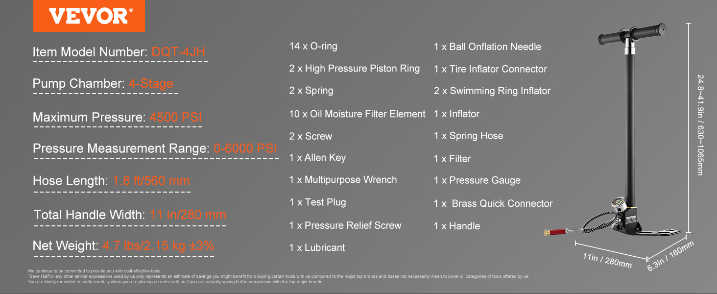 VEVOR PCP Hand Pump, 4 Stage, 30Mpa 4500 PSI High Pressure PCP Air ...
