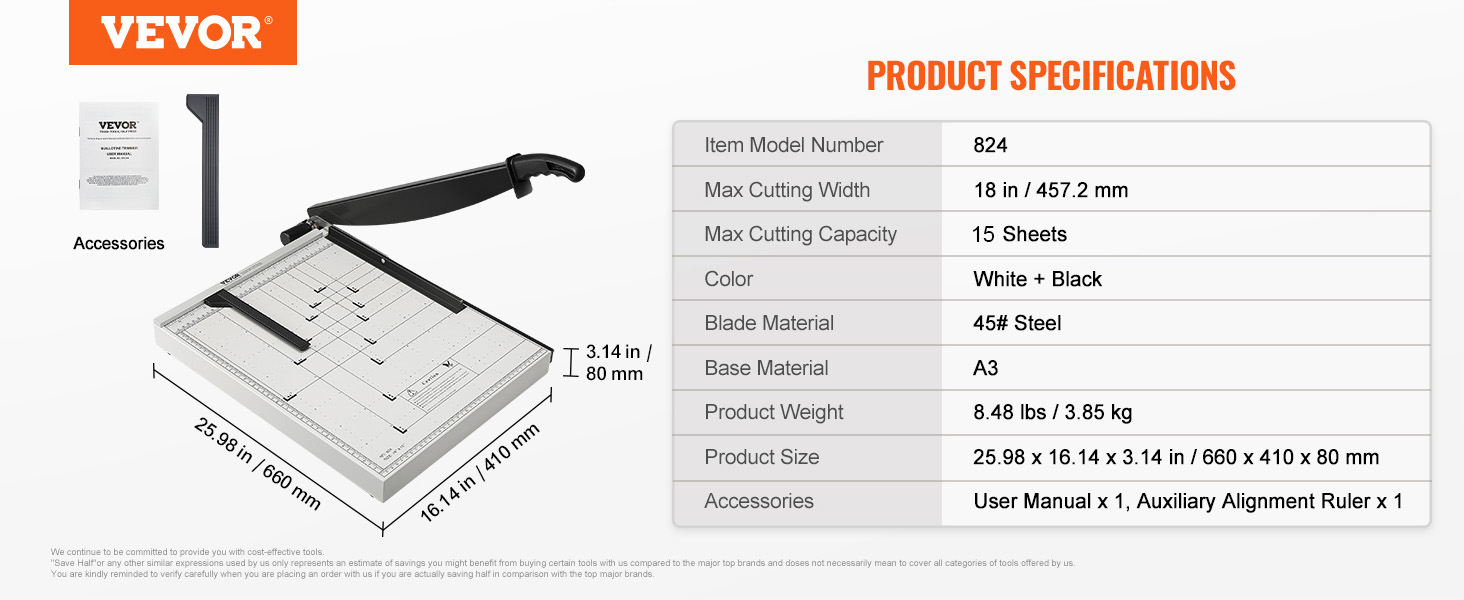 VEVOR Paper Cutter, Guillotine Trimmer, 18" Cut Length, 20 Sheets ...