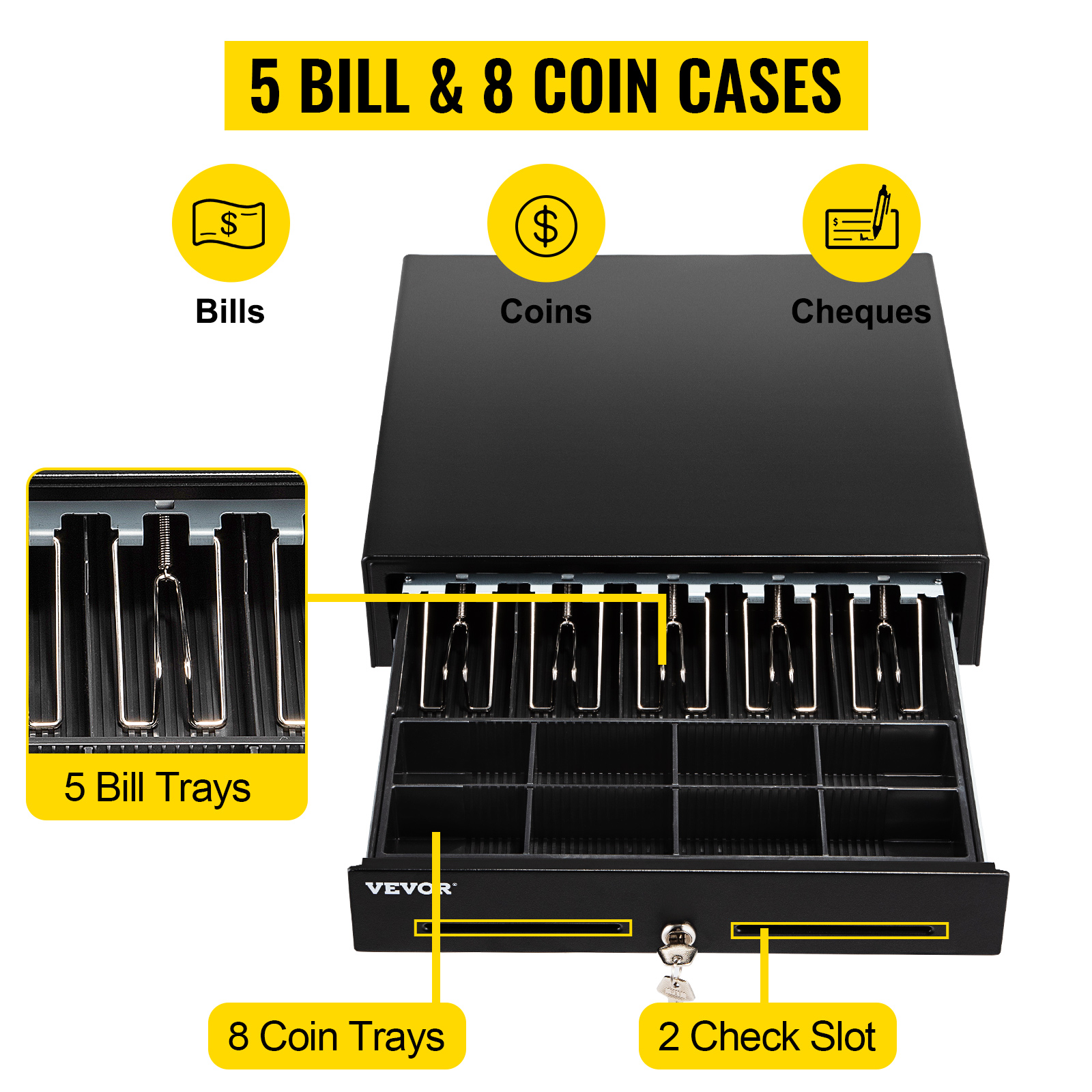 VEVOR Cash Register Drawer, 16" 2 Unlocking Ways, Fully Removable ...