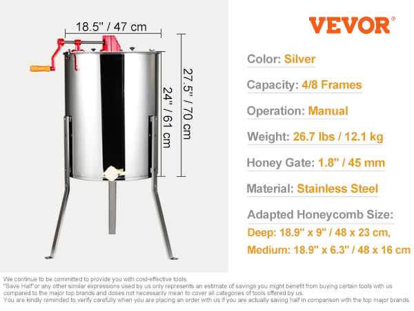VEVOR Manual Honey Extractor, 4/8 Frames Honey Spinner Extractor ...