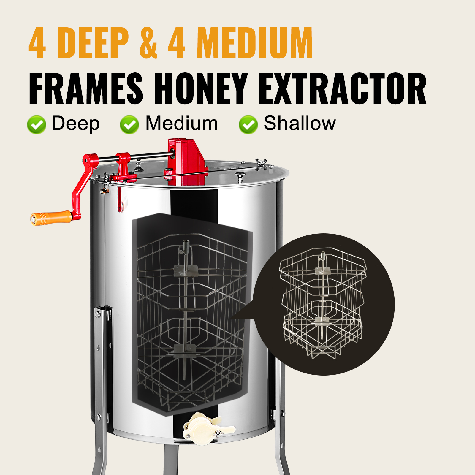 VEVOR Manual Honey Extractor, 4/8 Frames Honey Spinner Extractor, Stainless Steel Beekeeping ...