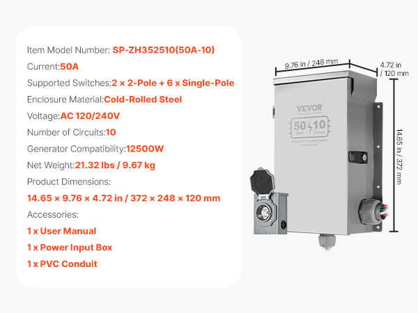 Manual Transfer Switch 50A Generator Transfer Switch Kit NEMA 3R 12500W ...