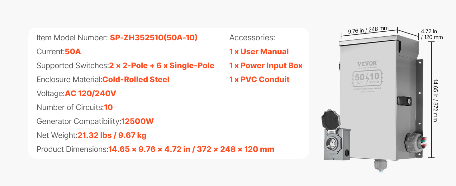 Manual Transfer Switch 50A Generator Transfer Switch Kit NEMA 3R 12500W ...