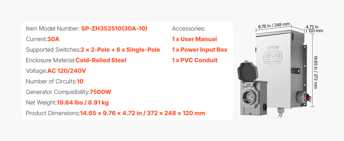 Manual Transfer Switch 30A Generator Transfer Switch Kit NEMA 3R 7500W ...
