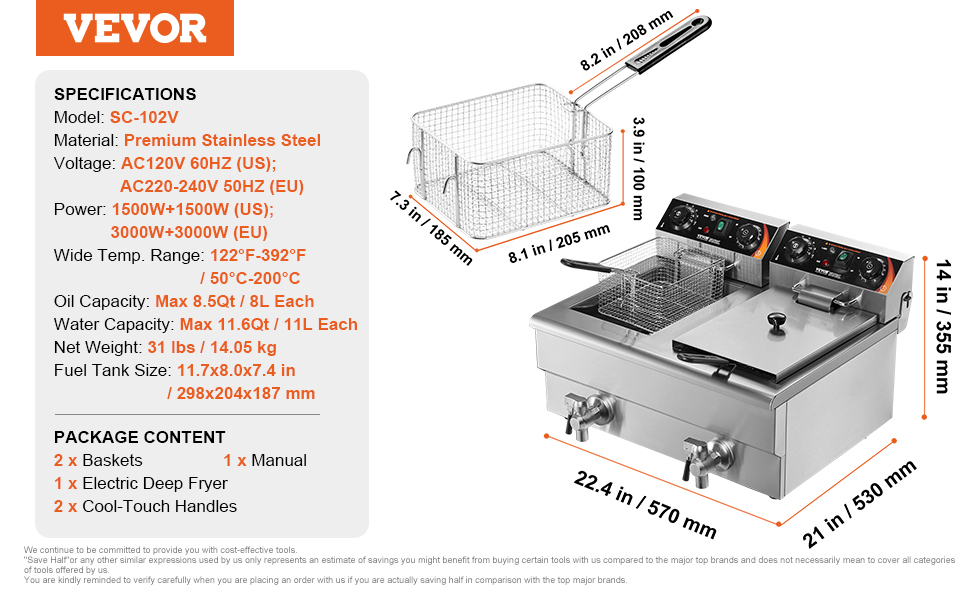 VEVOR Commercial Electric Deep Fryer Countertop Deep Fryer with Dual ...