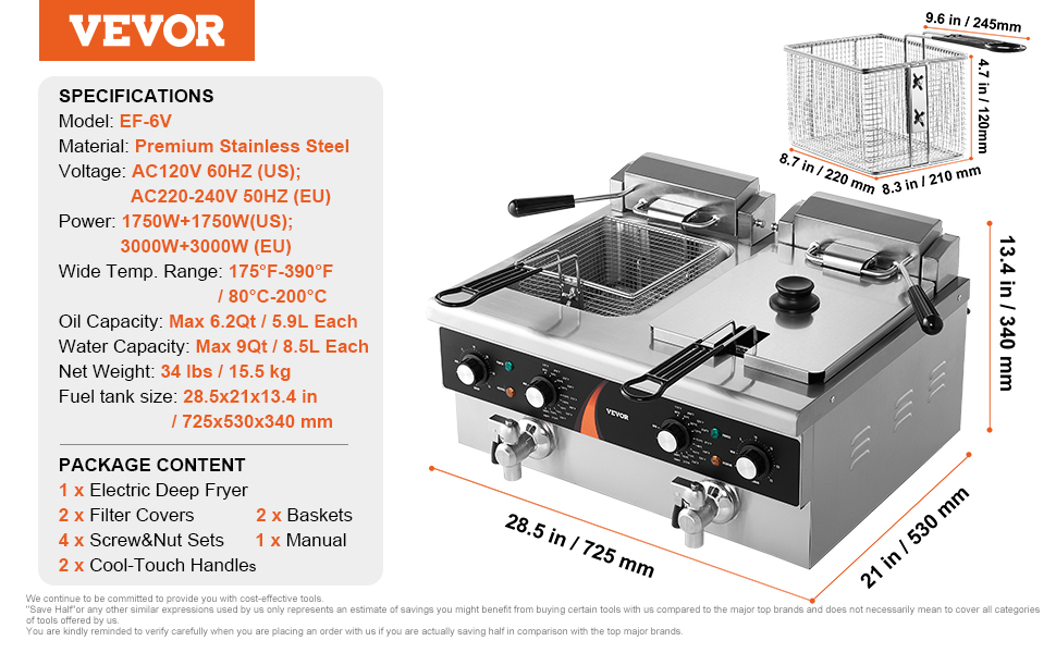 Commercial Electric Deep Fryer Countertop Fryer 3500W Dual Tank 2x9Qt/8 ...
