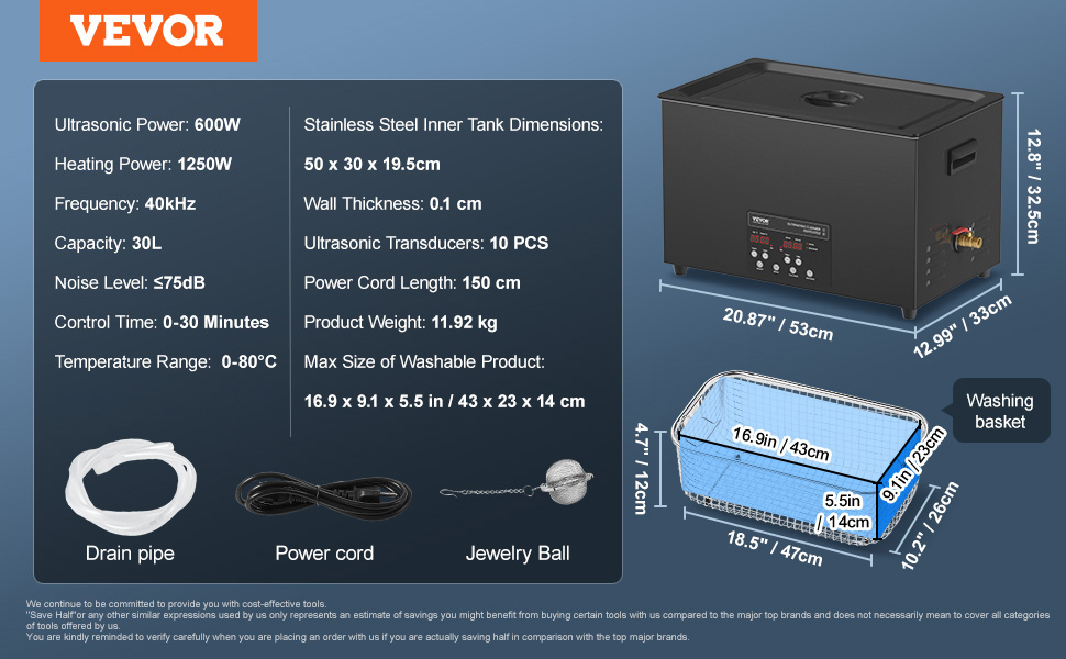VEVOR 30L Sonic Cleaner, 600W Digital Ultrasonic Cleaning Machine with ...