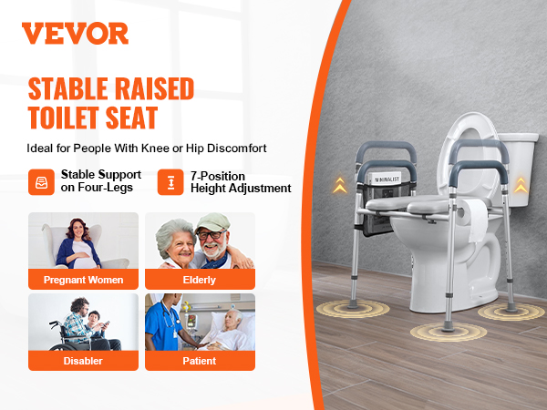 VEVOR Raised Toilet Seat, 7-Position Height Adjustment 19.3" - 25.2 ...