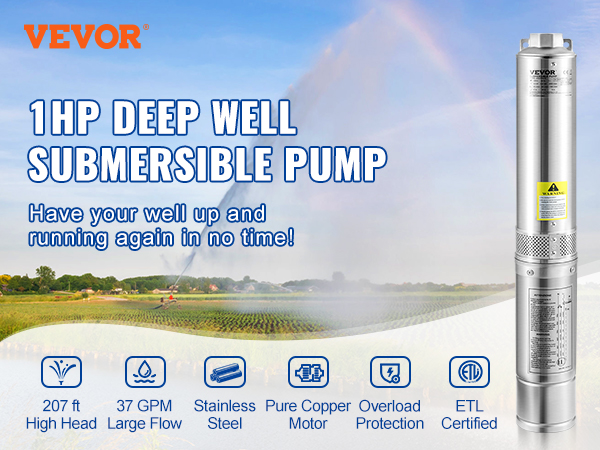 VEVOR Deep Well Submersible Pump, 1HP 230V/60Hz, 37gpm Flow 207ft Head ...