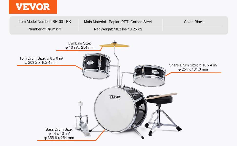 VEVOR Kids Drum Set, 3-Piece, 14 in Beginner Drum Set with Adjustable ...