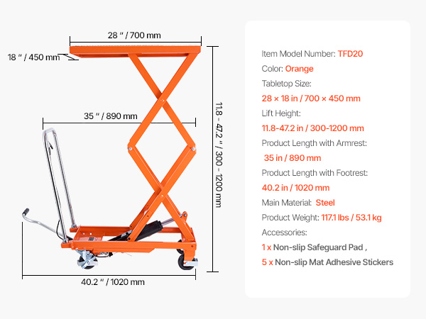 VEVOR 120 cm Hydraulic Lift Table Double Scissor Lift Cart 226.8 kg Non ...