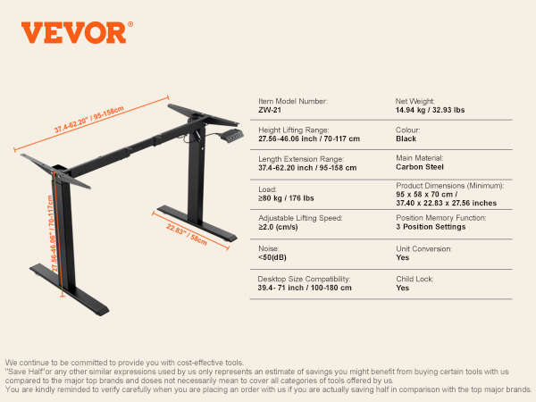 VEVOR Electric Standing Desk Frame Adjustable 70-117 cm H Black ...