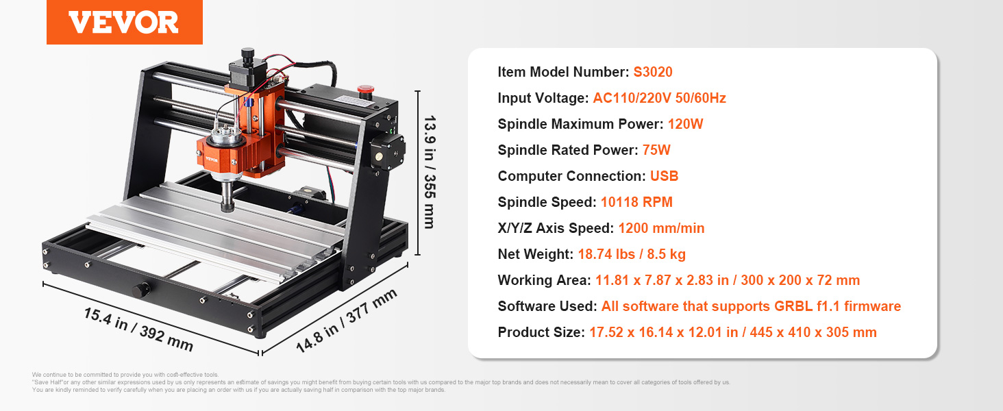 VEVOR CNC Router Machine, 60W, 3 Axis GRBL Control Wood Engraving ...
