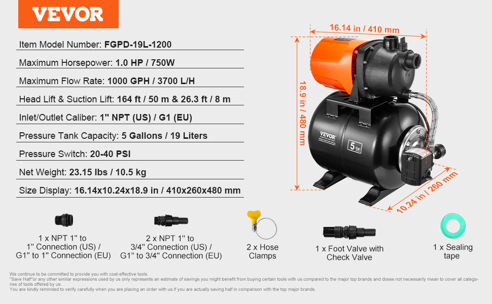 VEVOR 1HP Shallow Well Pump with Pressure Tank 1000GPH Irrigation ...