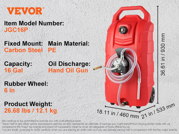 VEVOR 60.57L Fuel Caddy, 7.8 L/min, Portable Gas Storage Tank Container ...