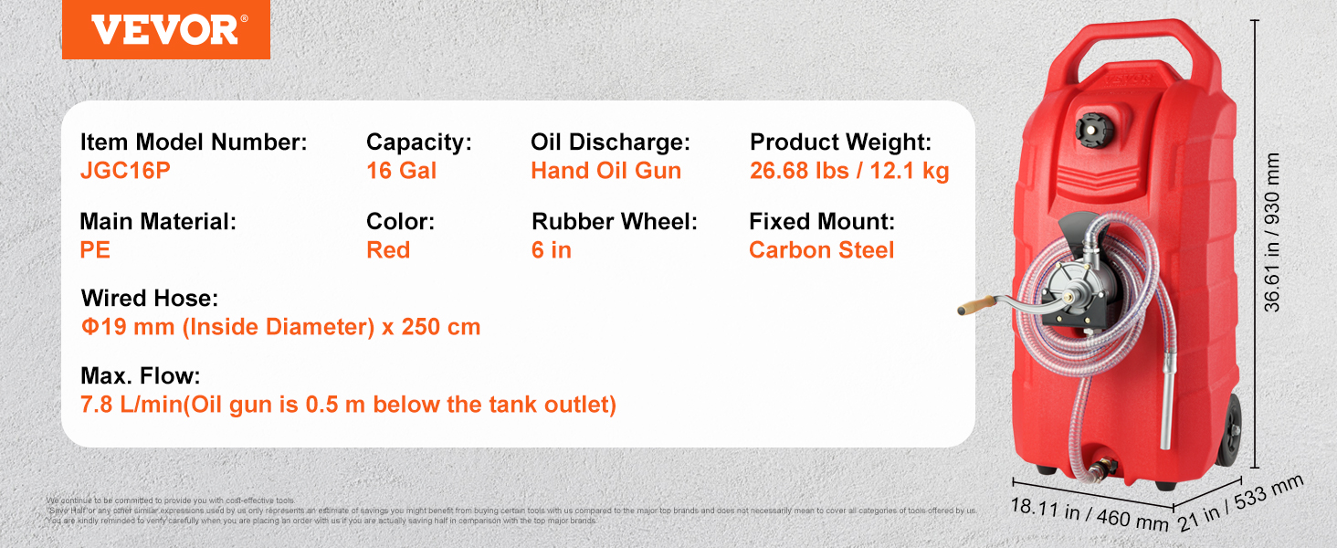 VEVOR 60.57L Fuel Caddy, 7.8 L/min, Portable Gas Storage Tank Container ...