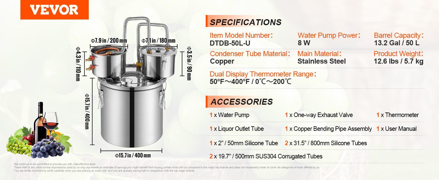VEVOR Moonshine Still Water Alcohol Distiller 13.2Gal w/Thumper Keg ...