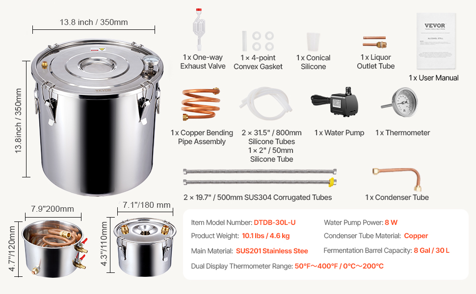 Moonshine Still Water Alcohol Distiller 8Gal w/Thumper Keg & 8W Water ...