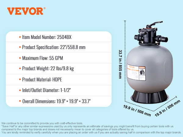 VEVOR Sand Filter, 22-inch, Up to 55 GPM Flow Rate, Above Inground ...