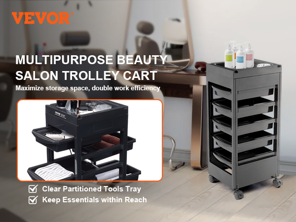 VEVOR Beauty Salon Trolley Cart, Plastic Salon Rolling Cart for Stylist ...