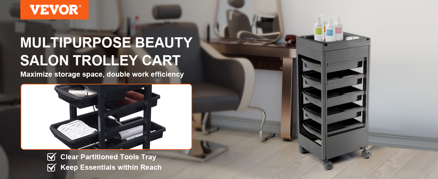 VEVOR Beauty Salon Trolley Cart, Plastic Salon Rolling Cart for Stylist ...