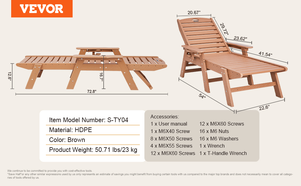 VEVOR Outdoor Chaise Lounge Chair Adjustable Patio Reclining Bench ...