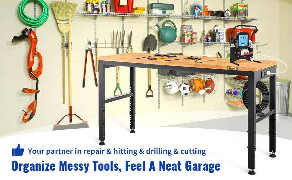 VEVOR Workbench Adjustable Height, 48" L X 20" W X 38.1" H Garage Table ...