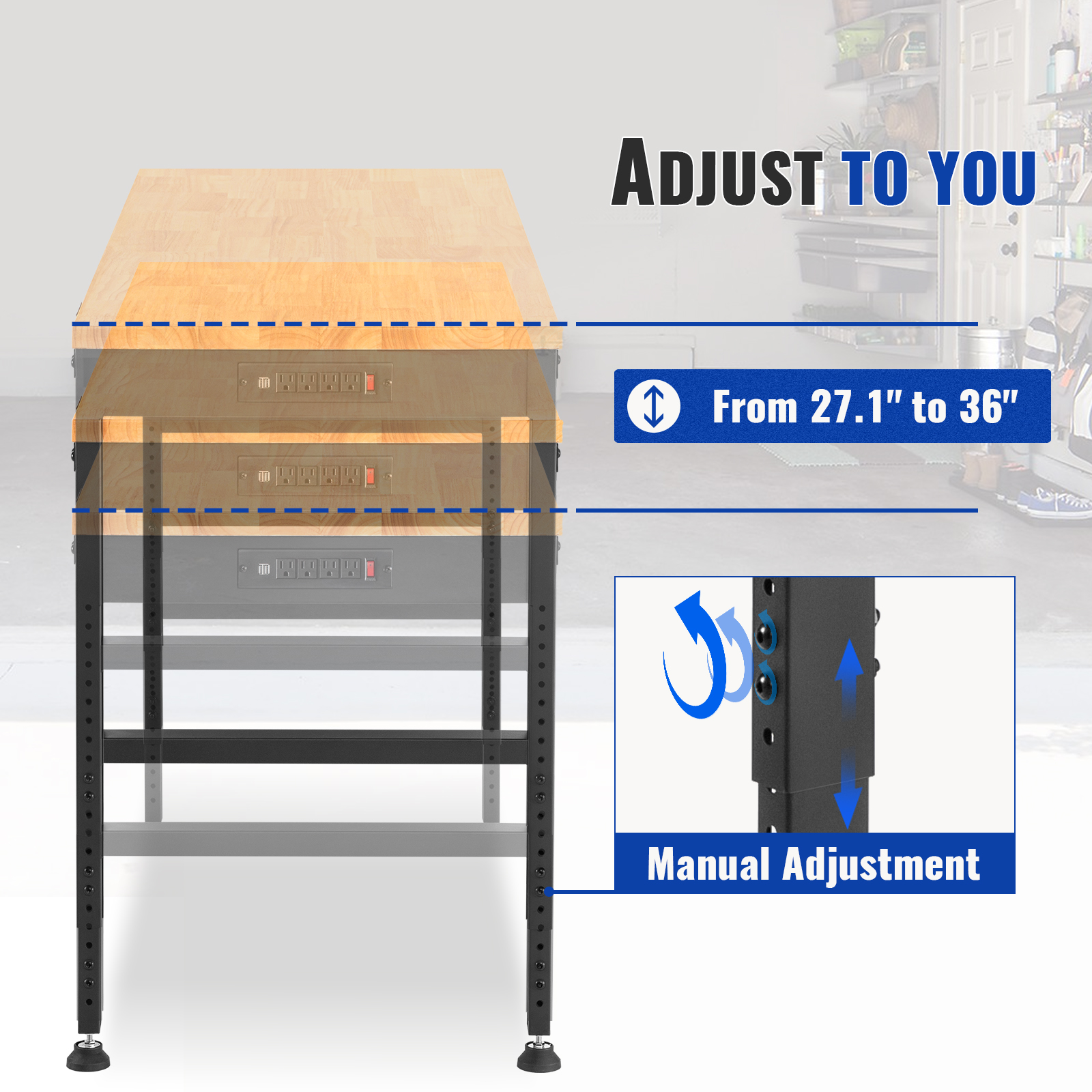 VEVOR Workbench Adjustable Height, 61" x 20" Garage Table w/ 27.1" - 36 ...