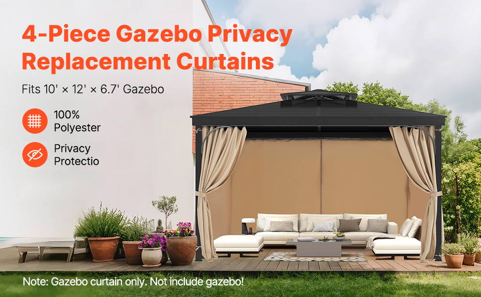 VEVOR Gazebo Privacy Curtain 12' x 10' x 6.7' Waterproof Gazebo Curtains Khaki | VEVOR UK