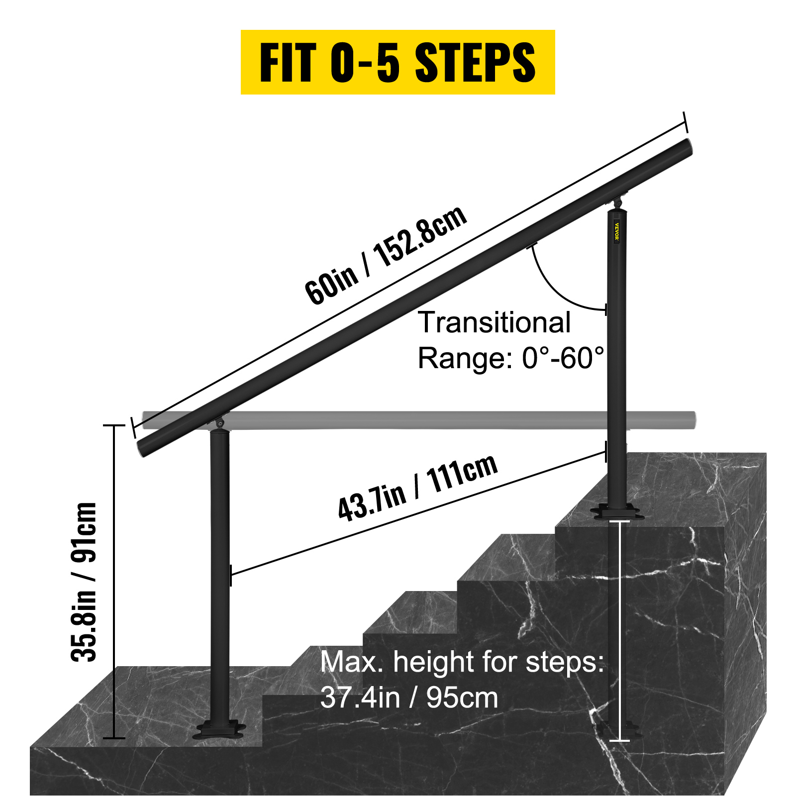 VEVOR Outdoor Stair Railing Kit, 5 FT Handrails 0-5 Steps, Adjustable ...