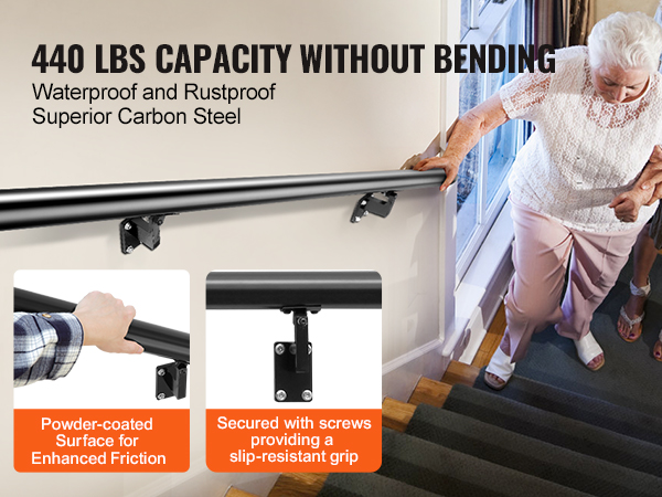VEVOR Handrail Stair Railing, 4 ft, Wall Mount Handrails for Indoor ...