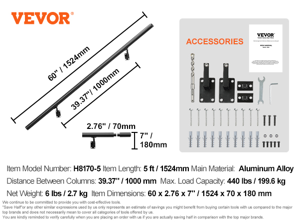 VEVOR Handrail Stair Railing, 152.4CM, Wall Mount Handrails for Indoor ...