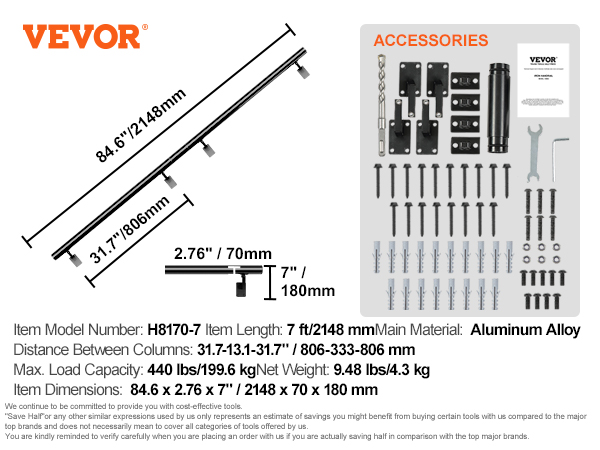 VEVOR Handrail Stair Railing, 7 ft, Wall Mount Handrails for Indoor ...