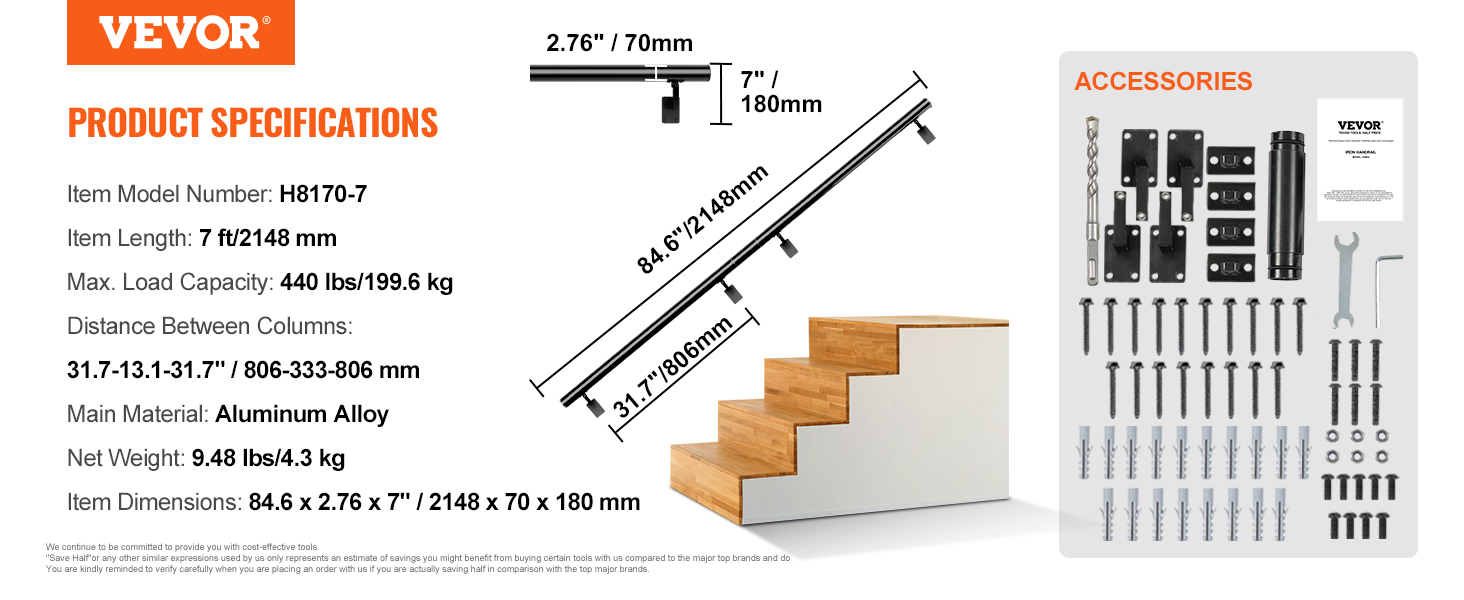 VEVOR Handrail Stair Railing, 7 ft, Wall Mount Handrails for Indoor ...