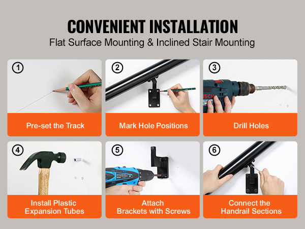 VEVOR Handrail Stair Railing, 7 ft, Wall Mount Handrails for Indoor ...