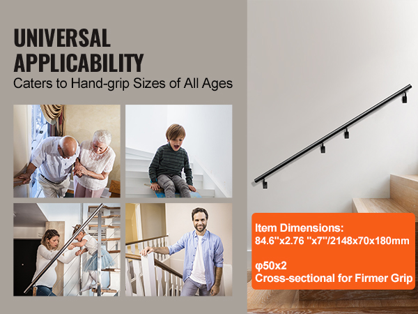 VEVOR Handrail Stair Railing, 7 ft, Wall Mount Handrails for Indoor ...