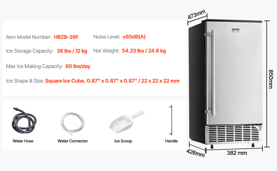 VEVOR Undercounter Ice Maker 80 Lbs/Day Built-in Ice Machine w ...