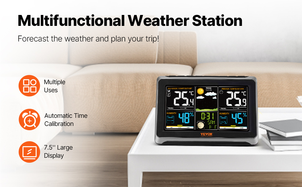 VEVOR Weather Station Indoor Outdoor, 7.5 in Large Color Display ...