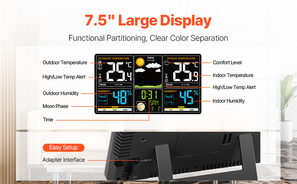 VEVOR Weather Station Indoor Outdoor, 7.5 in Large Color Display ...