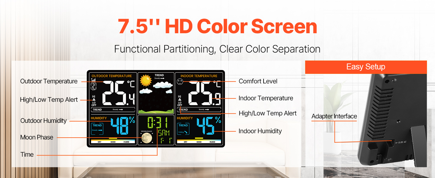 VEVOR Weather Station Indoor Outdoor, 7.5 in Large Color Display ...