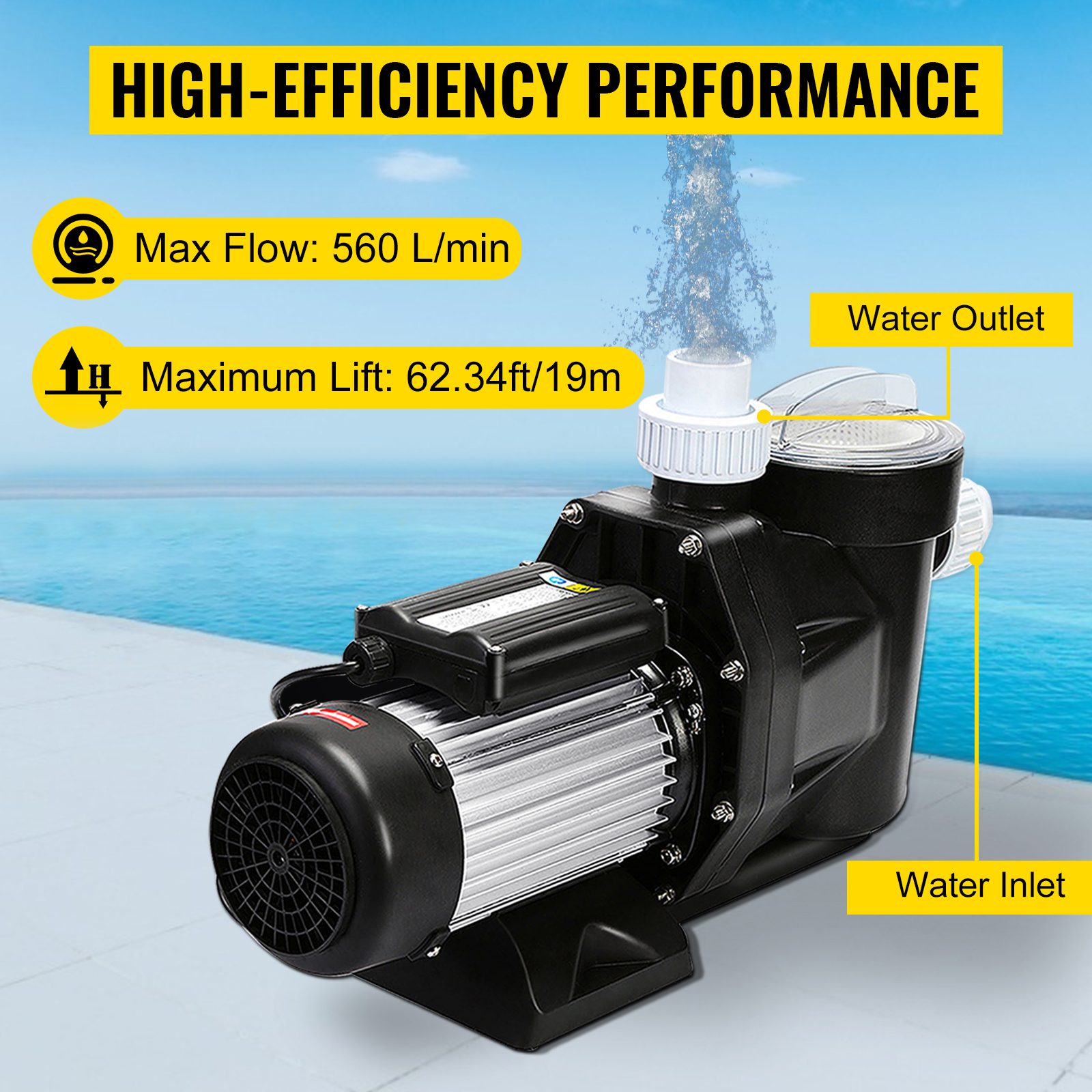 VEVOR 2.5HP Swimming Pool Pump Motor Hayward Lift 62ft In/Above Ground ...