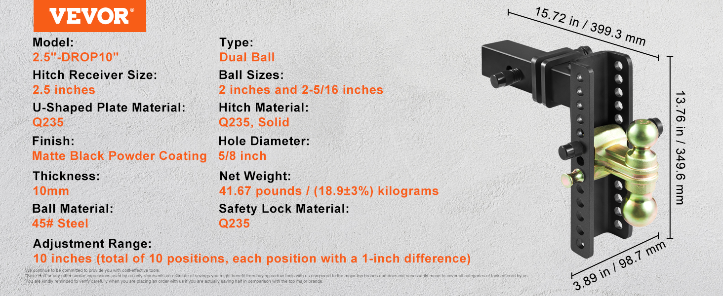 VEVOR Adjustable Trailer Hitch, 10-Inch Drop & 8.5-Inch Rise Hitch Ball ...