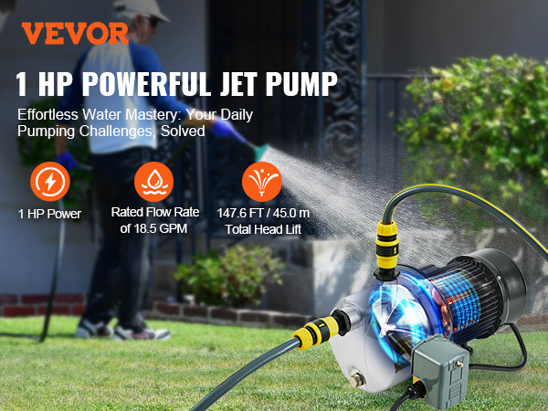 VEVOR 1HP SUS304 Stainless Steel Shallow Well Jet Pump, 115 Volt, 18.5 GPM 147.6 FT Maximum Head ...