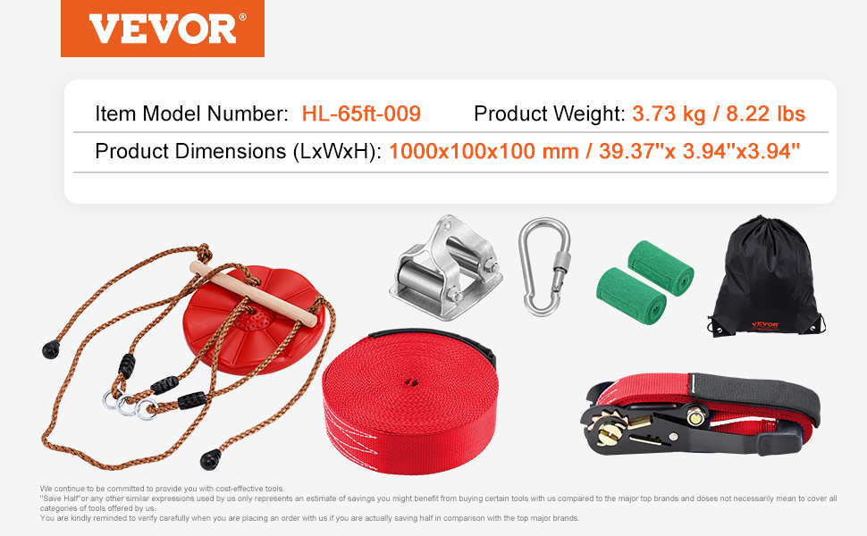 VEVOR Zipline Kit for Kids and Adult, 65 ft Zip Line Kits Up to 500 lb ...