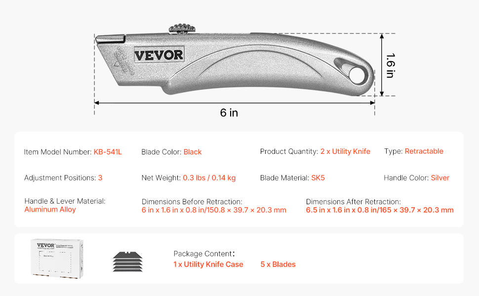 VEVOR Utility Knife Retractable Box Cutter with SK5 Sharp Blades Quick ...