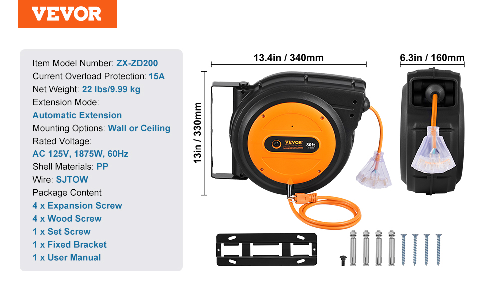 VEVOR Retractable Extension Cord Reel Power Cord Reel 80FT 12AWG/3C ...