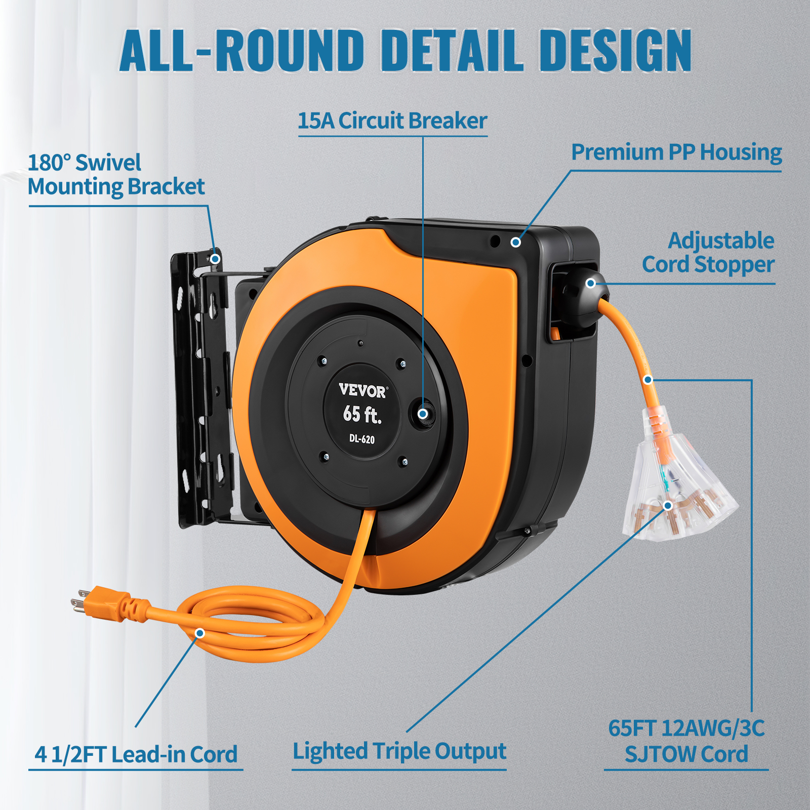 VEVOR Retractable Extension Cord Reel, 65 FT, Heavy Duty 12AWG/3C SJTOW ...